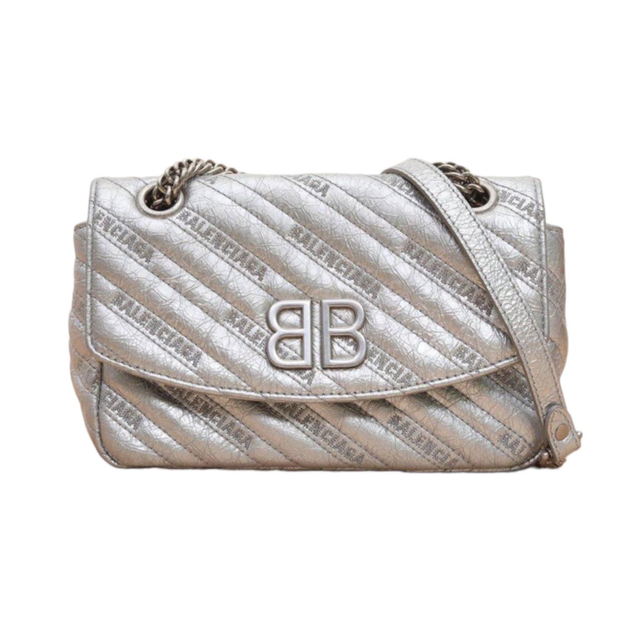 Balenciaga Silver Embossed Quilted Leather BB Round Large Flap Bag ...